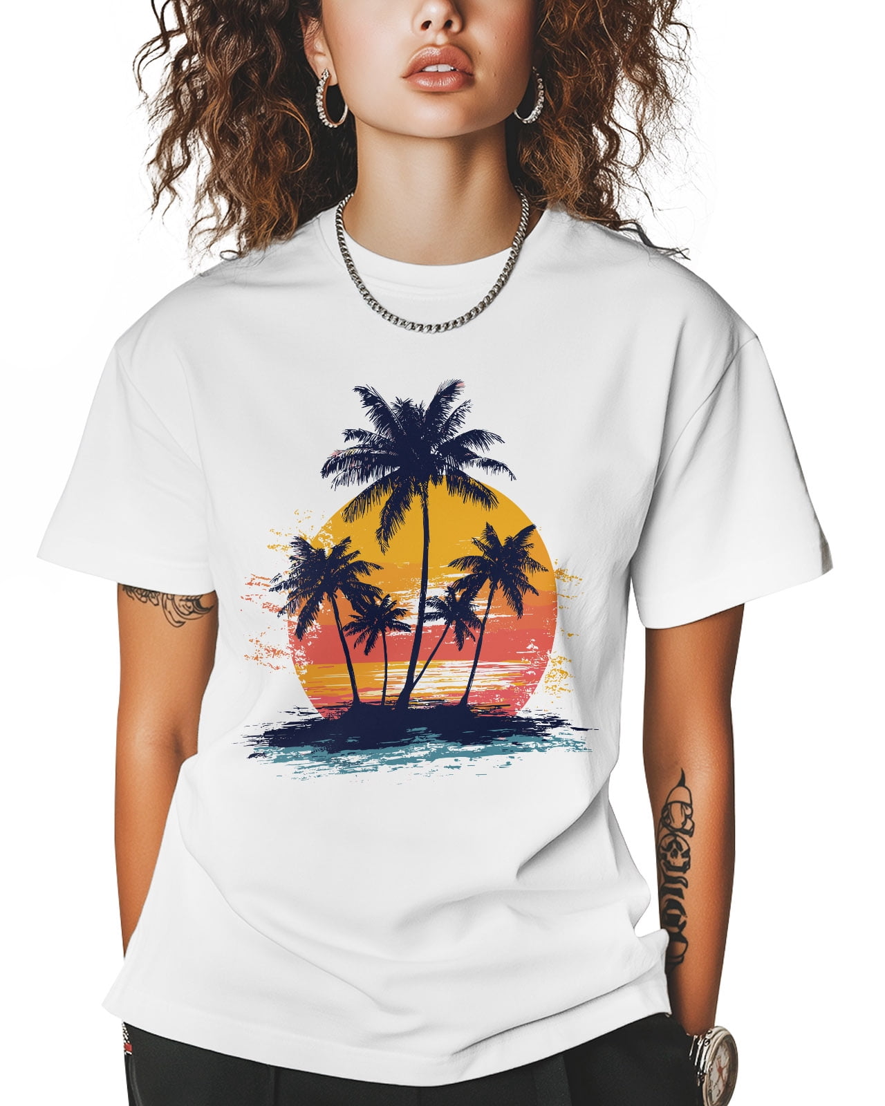 Coconut Trees Sunset T Shirts for Women Short Sleeve Cotton Crewneck T ...