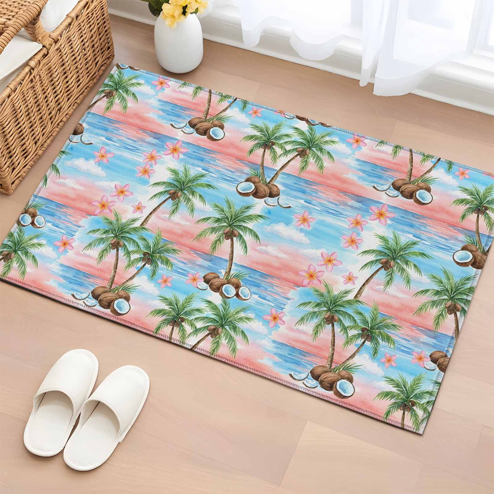 Coconut Trees Washable Area Rug 2 x 3 ft Tropical Palm Tree Pink Flower ...