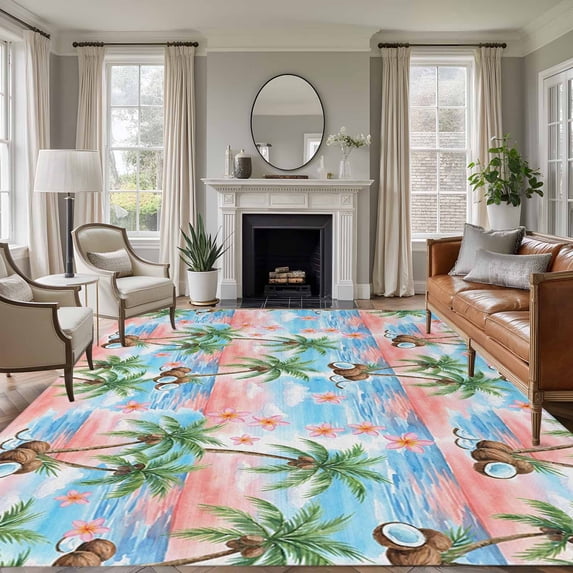Coconut Trees Washable Area Rug 5 x 7 ft Tropical Palm Tree Pink Flower ...