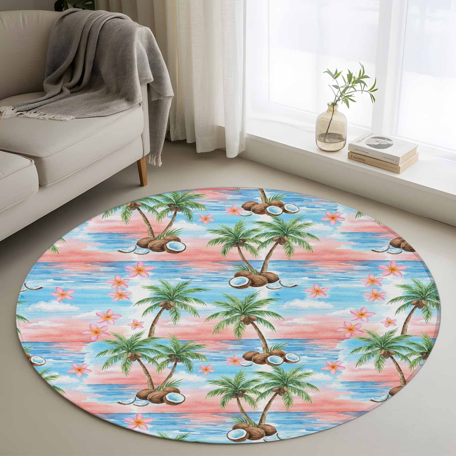 Coconut Trees Washable Round Area Rug 3 ft, Tropical Palm Tree Pink ...