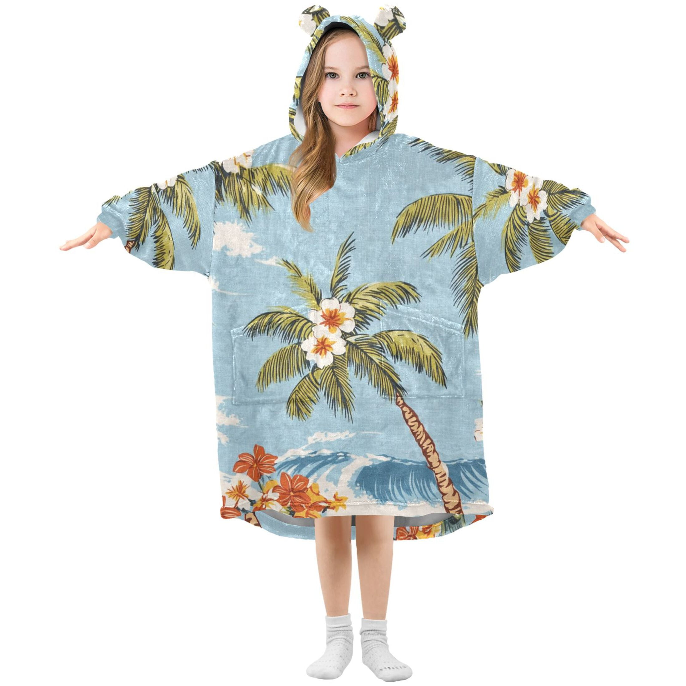 Coconut Trees Waves Flowers Retro Hawaii Flannel Wearable Blankets ...