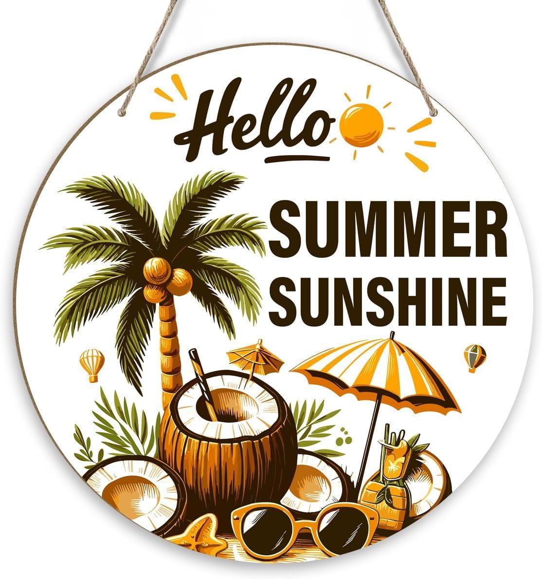 Coconut Welcome Sign Hello Summer Sunshine Door Sign 12x12 Inch Round ...