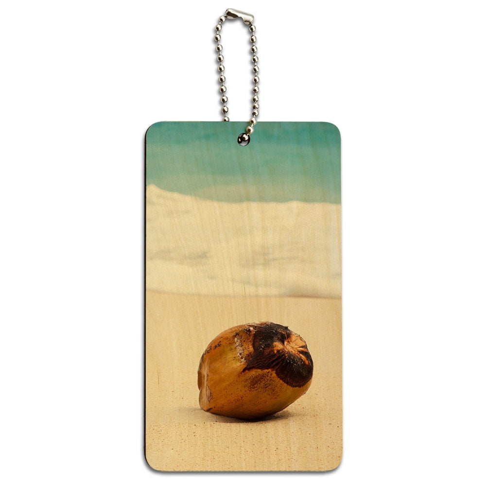 Coconut on Beach Tropical Deserted Island Wood ID Tag Luggage Card for ...