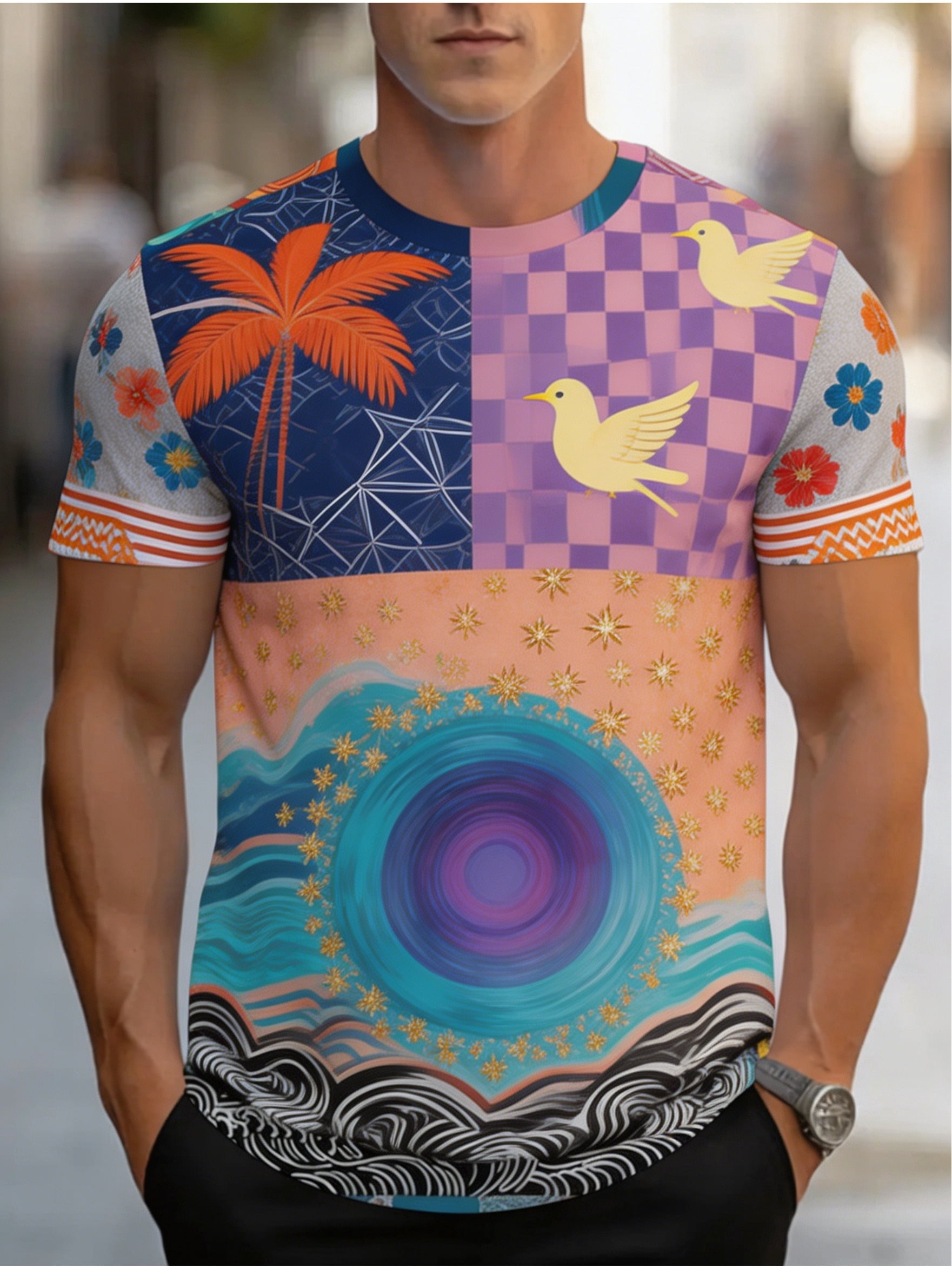 Coconut tree bird geometric pattern large size men's short-sleeved T ...