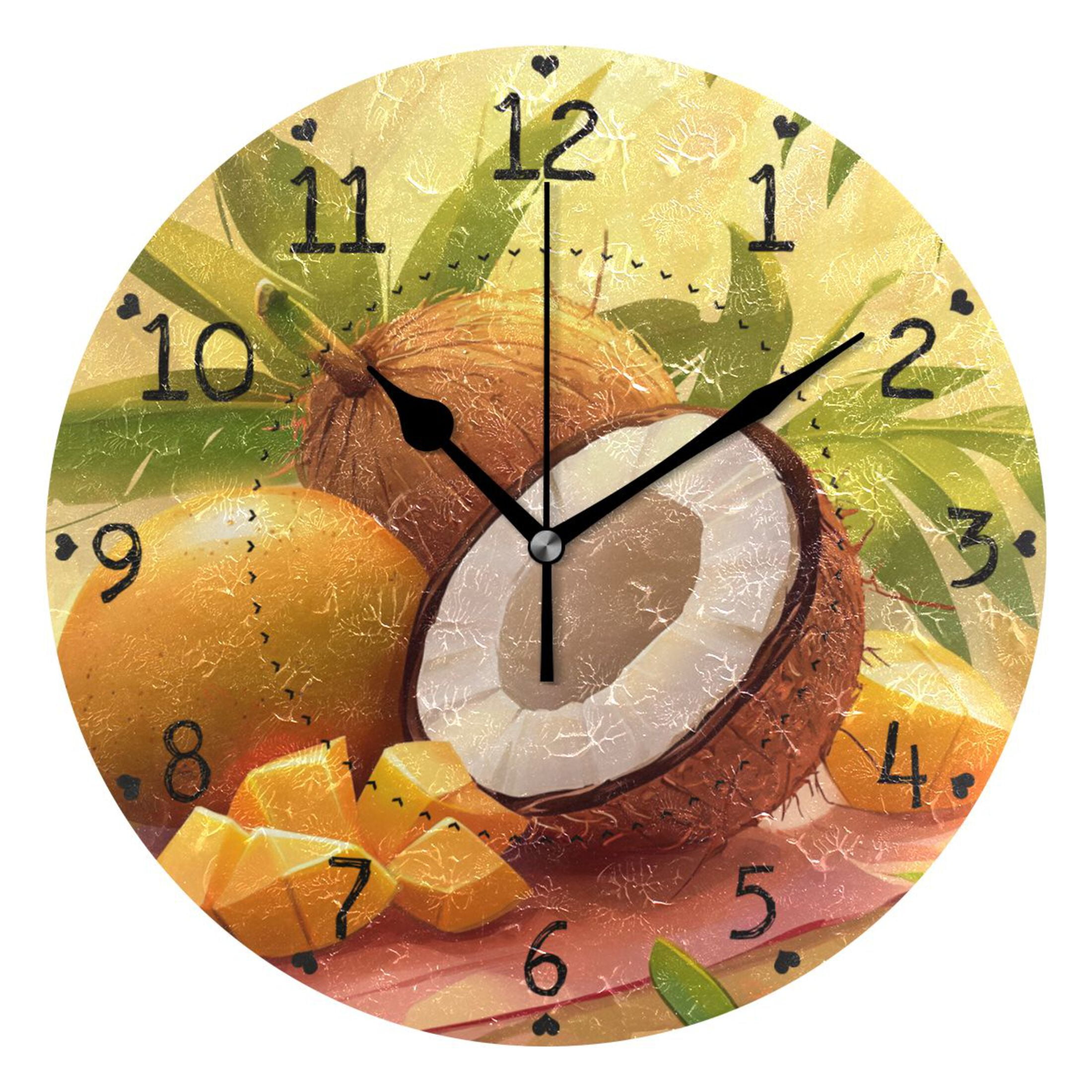 Coconuts Mangos Leaves Cartoon Round Wall Clock Silent Analog Battery ...