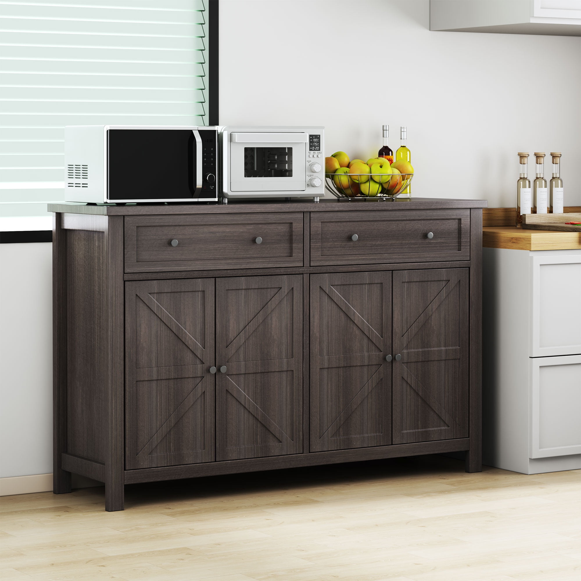 Cocosity 4-Door 2-Drawer Farmhouse-Style Kitchen Buffet Cabinet, Wooden ...