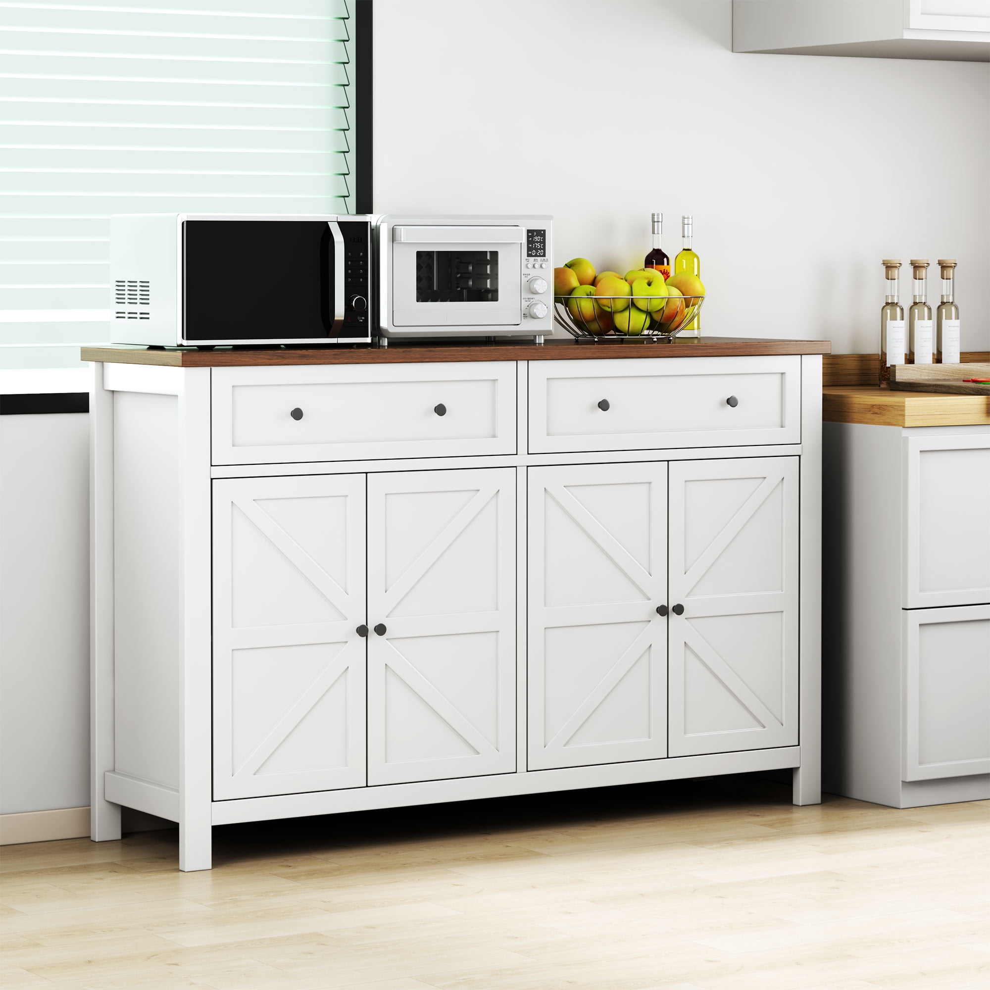 Cocosity 4-Door 2-Drawer Farmhouse-Style Kitchen Buffet Cabinet, Wooden ...