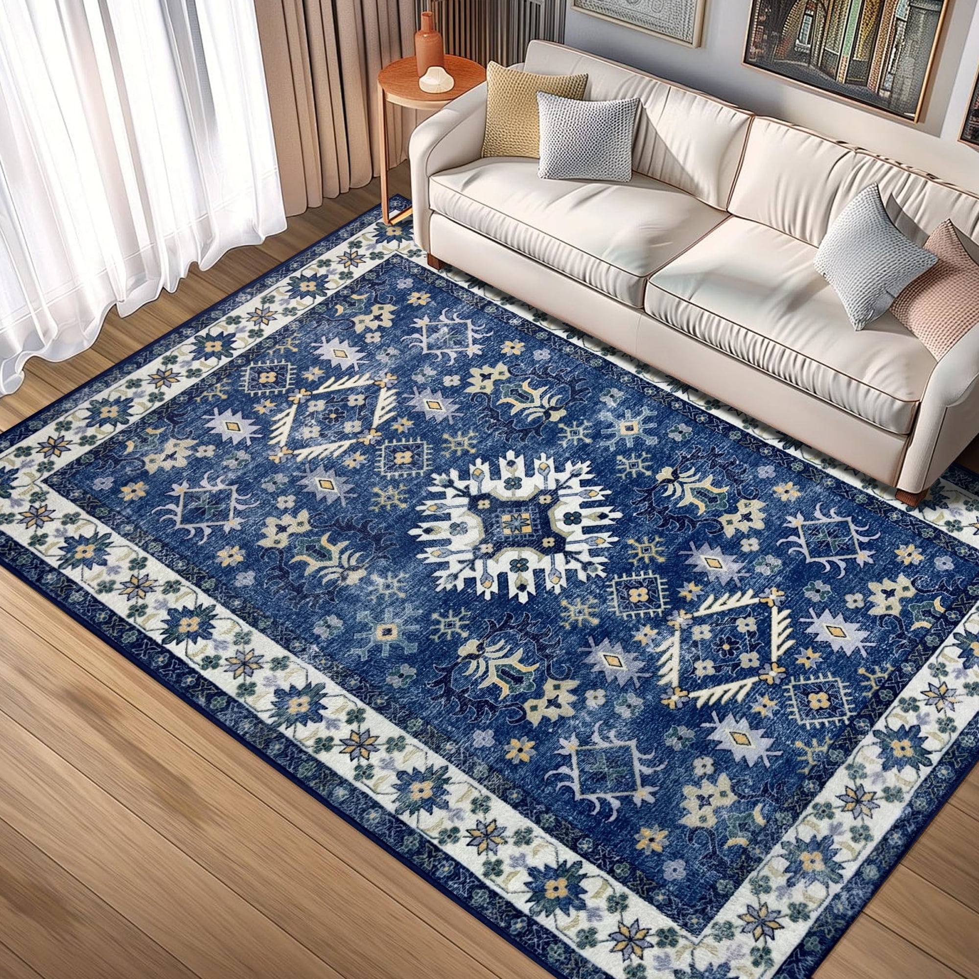Cocosity 8'x10' Boho Blue Rug Washable for Living Room Bedroom Office ...
