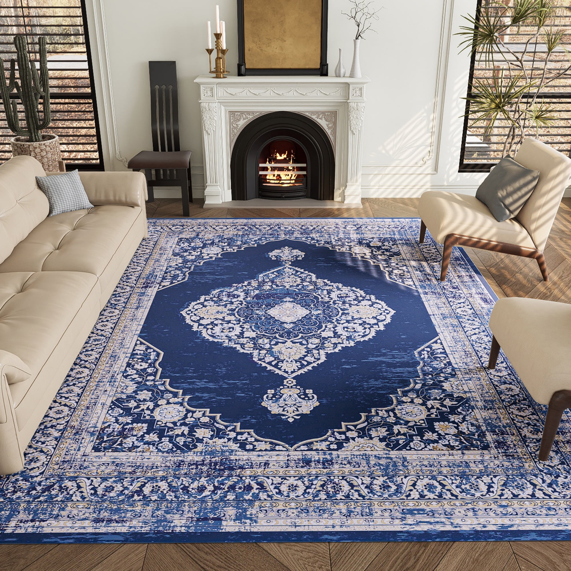 Cocosity 8'x10' Persian Washable Blue Area Rugs for Living Room Bedroom ...