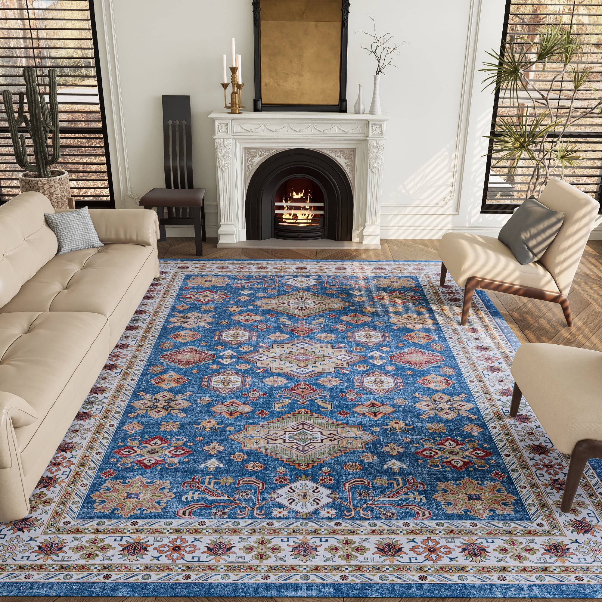 Cocosity 8'x10' Persian Washable Blue Area Rugs for Living Room Bedroom ...