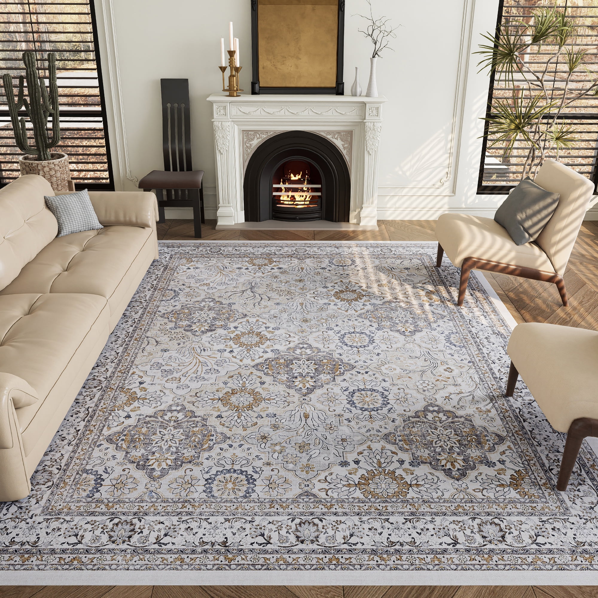 Cocosity 9'x12' Polyester Beige Area Rugs,Vintage Non-Slip Washable ...