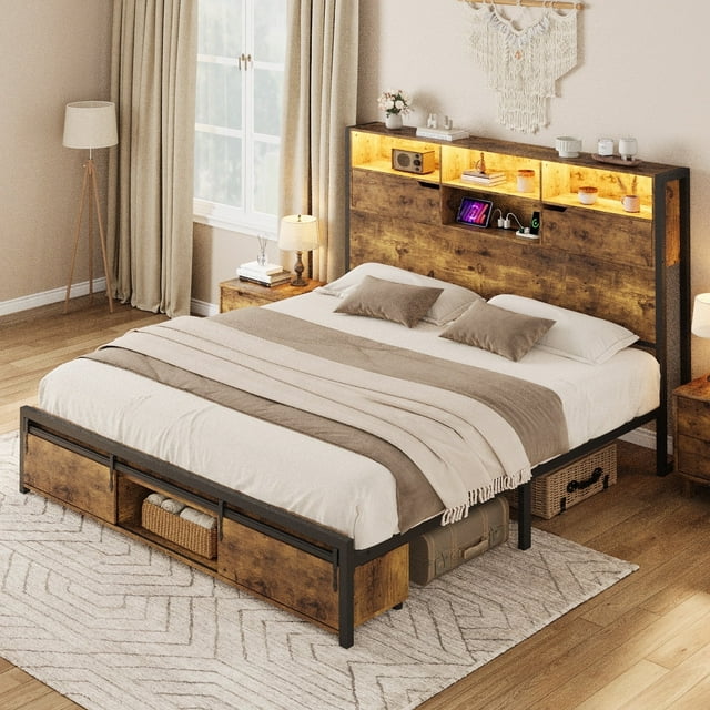 Cocosity Full Size Wooden Platform Bed with Storage LED Bookcase ...