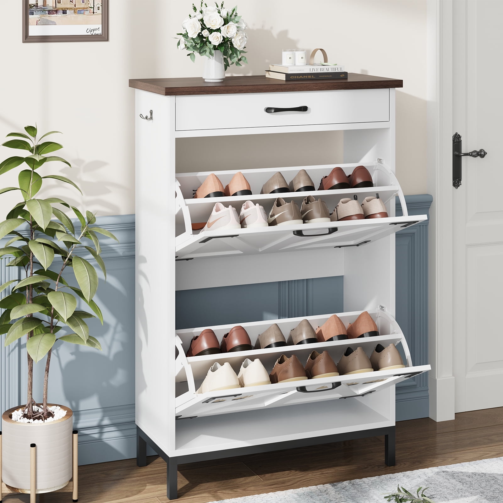 Cocosity Industrial-Style 2 Flip Drawer Shoe Cabinet with Top Drawer ...