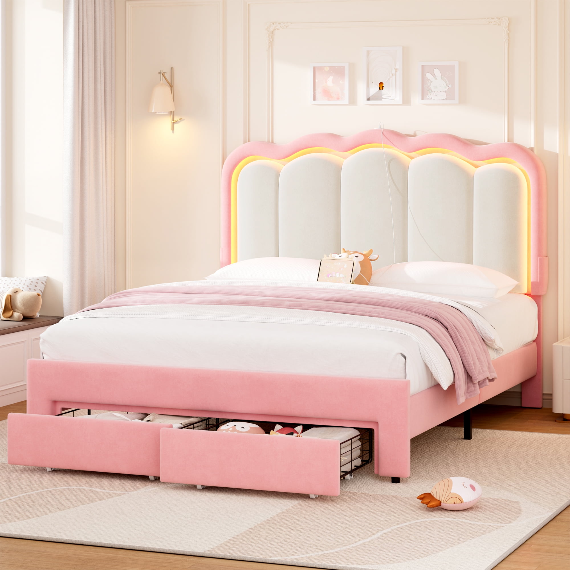 Cocosity Pink Velvet Upholstered Platform Full Size LED Bed Frame with ...