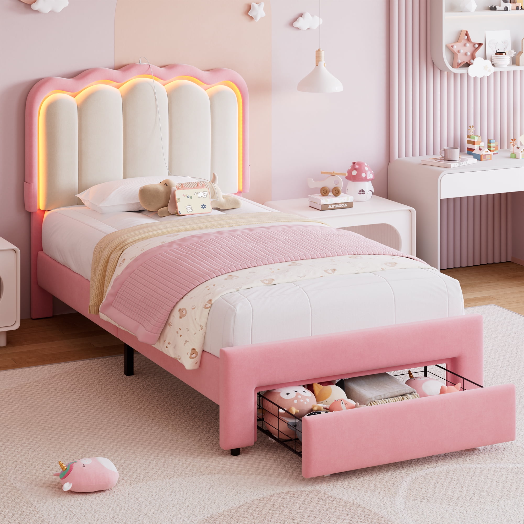 Cocosity Pink Velvet Upholstered Platform Twin Size LED Bed Frame with Drawer Adjustable Lighted ...