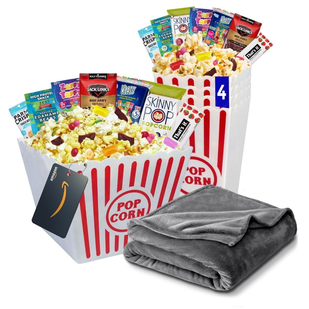 Movie Night Gift Basket with Fleece Blanket, Sugar-Free Popcorn, Low ...