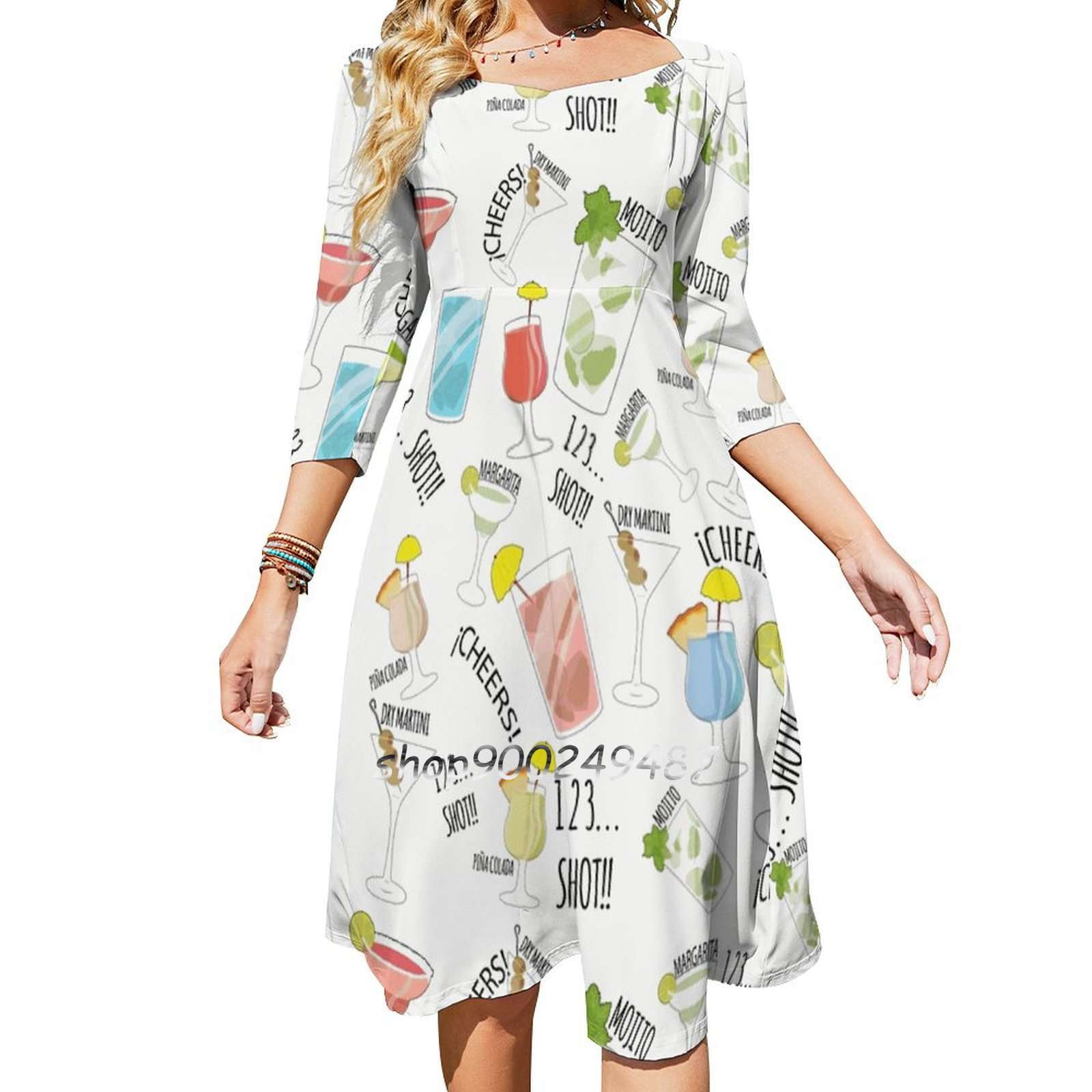 Coctels! Square Neck Dress Cute Loose Print Dresses Elegant Beach Party Dress Happy Hour ...