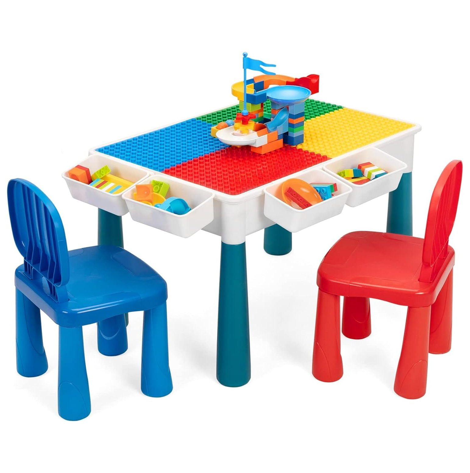 CodYinFI 7-in-1 Kid Activity Table Set w/2 Chairs & 72Pcs Large Size Blocks, Compatible with ...