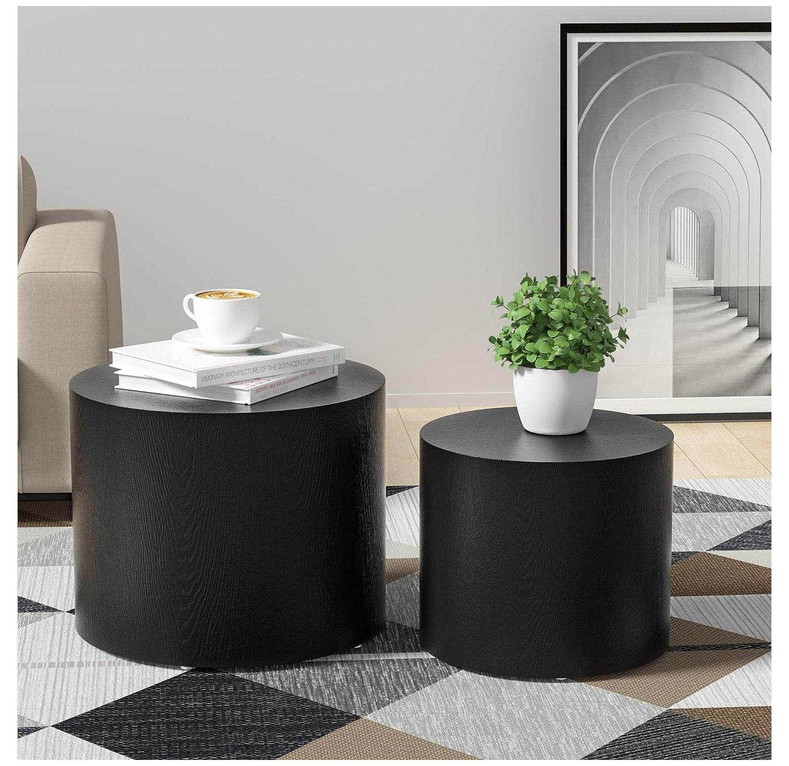 CodYinFI Round Nesting Coffee Table, Modern MDF Black Coffee Table Set ...