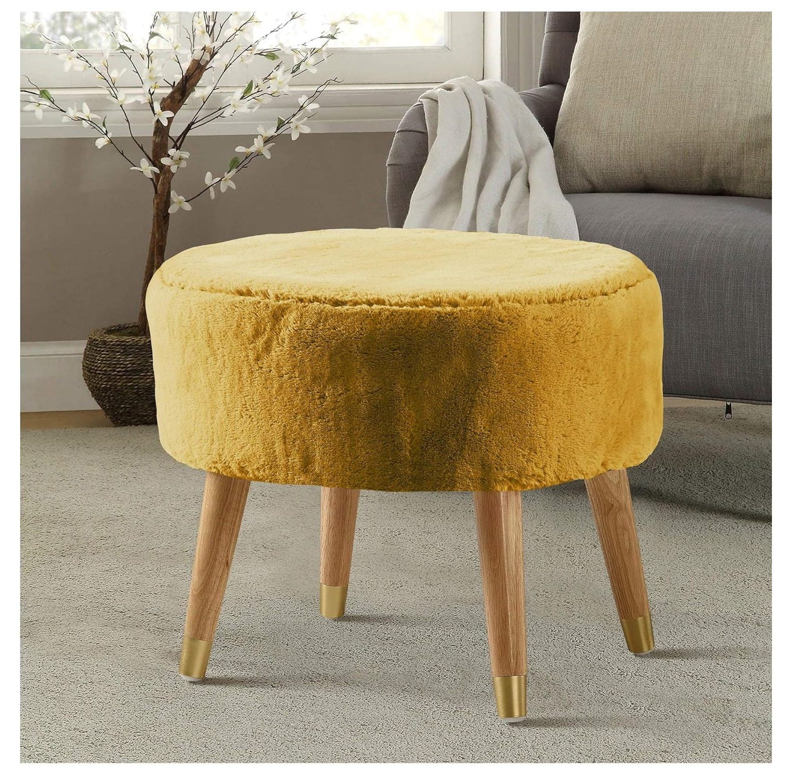 CodYinFI Yellow Heavy Faux Fur Oval Ottoman, 22'' x 18'' x 18'', Lemon ...