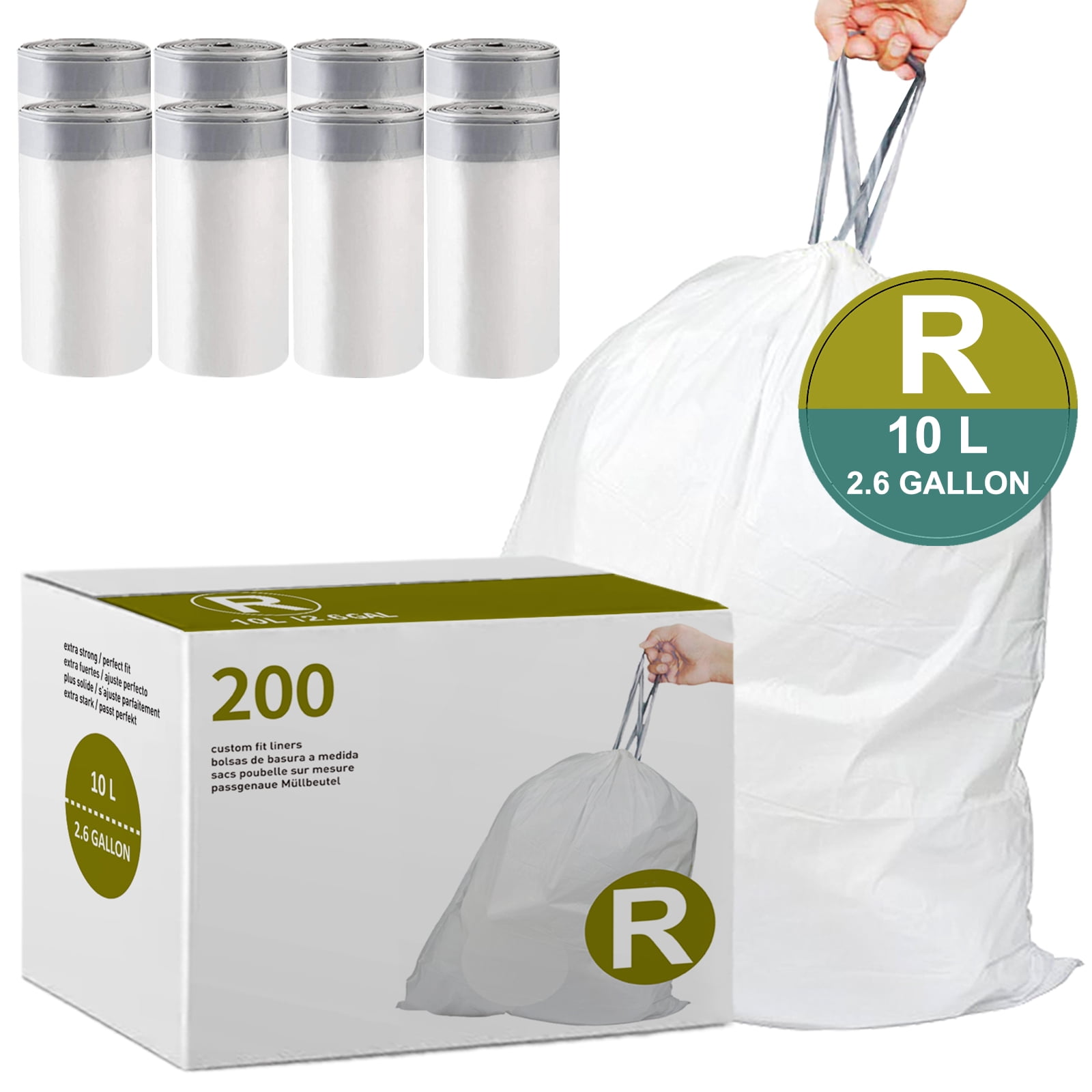 Code R (200 Count) 2.6 Gallon/10 Liter Heavy Duty Drawstring Plastic ...