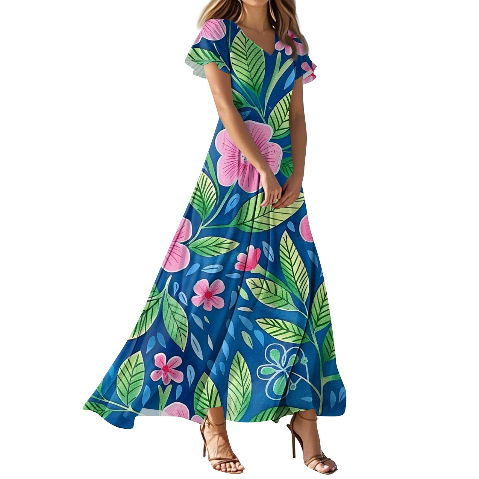 Codres Vacation Dresses for Women 2025 V Neck Summer Beach Flowy Maxi Dress Fashion Casual ...