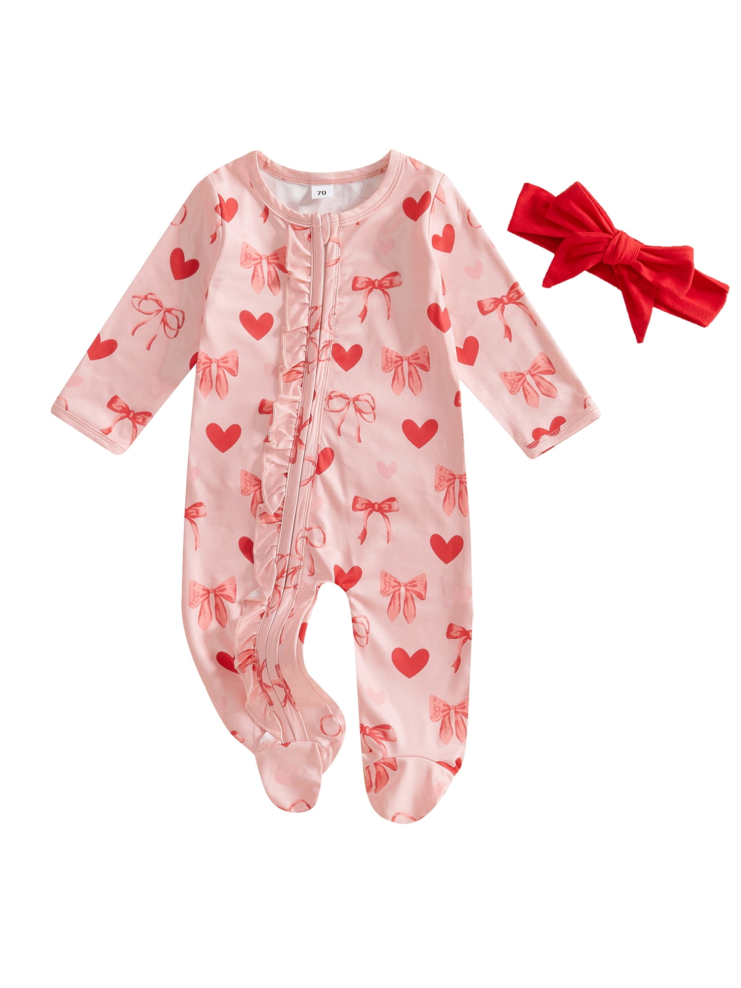Coduop Baby Girl Valentine’s Day Long Sleeve Heart Bow Print Ruffle Jumpsuit with Headband Set ...