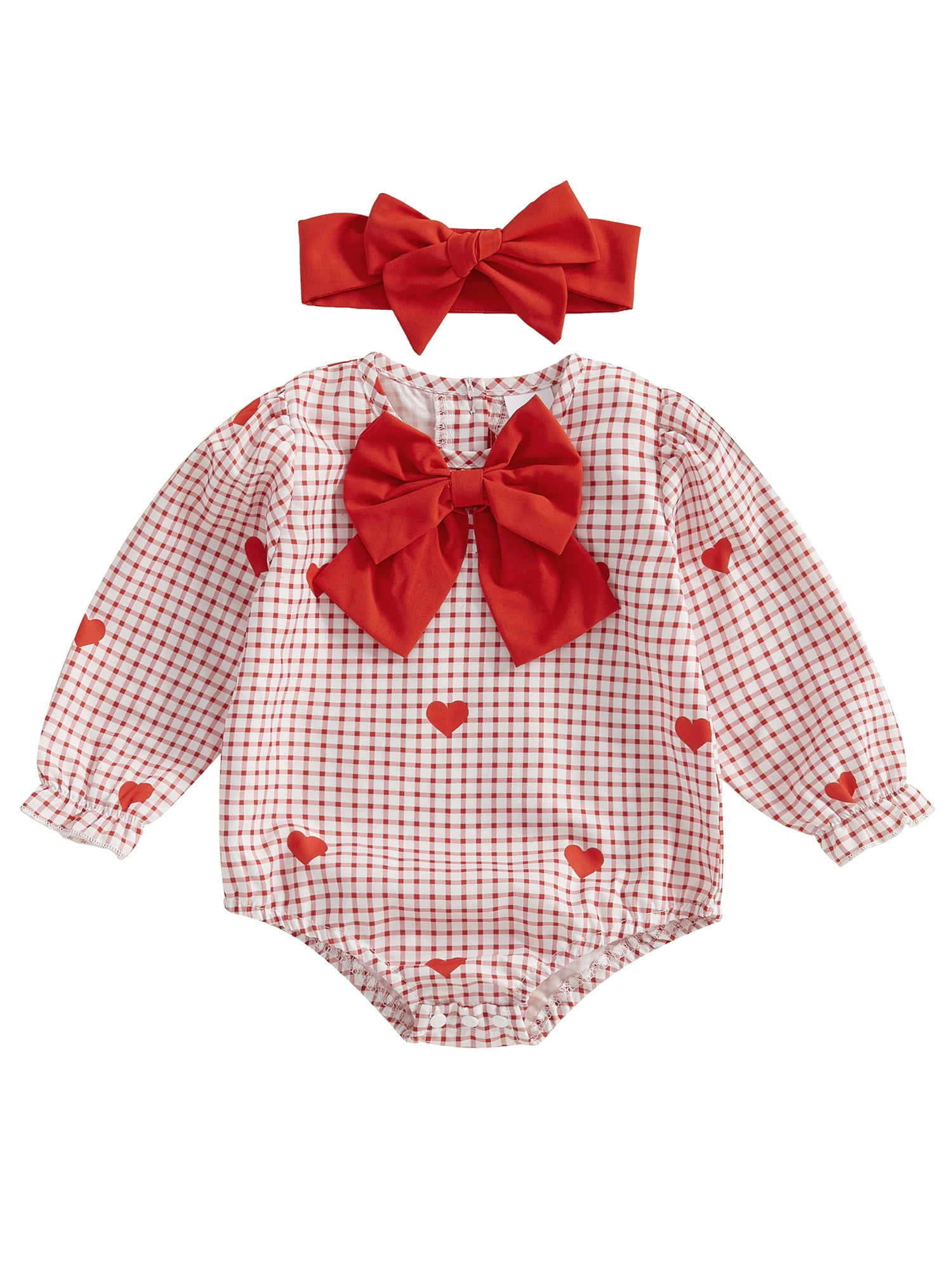 Coduop Baby Girl Valentine's Day Romper Heart Plaid Print Long Sleeve Bubble Jumpsuit + Headband ...