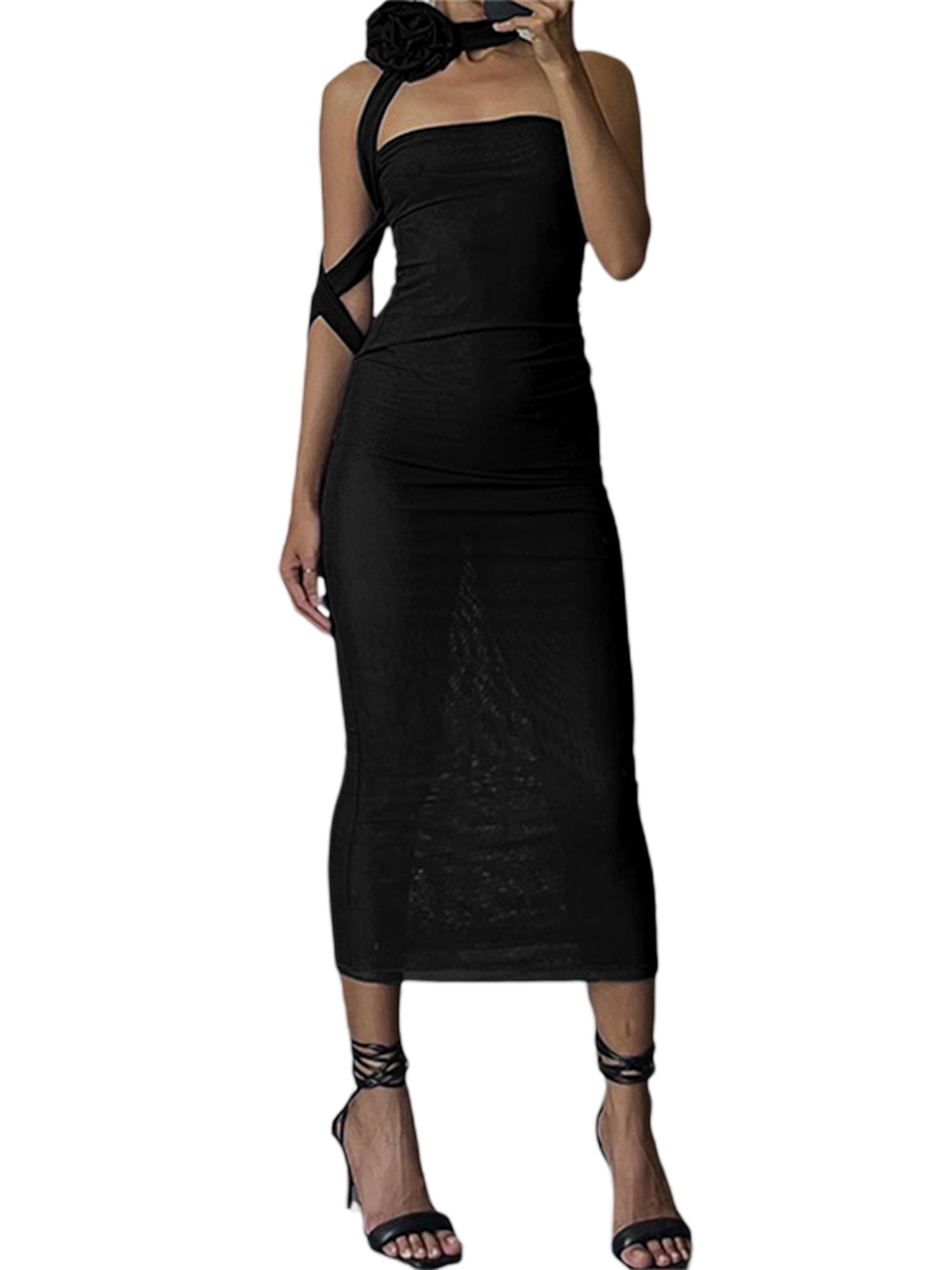 Coduop Elegant Women Long Bandeau Dress Strapless 3D Flower Lace Up ...