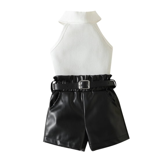 Coduop Kids Girls Sleeveless Stand Neck Vest and Faux Leather Shorts ...
