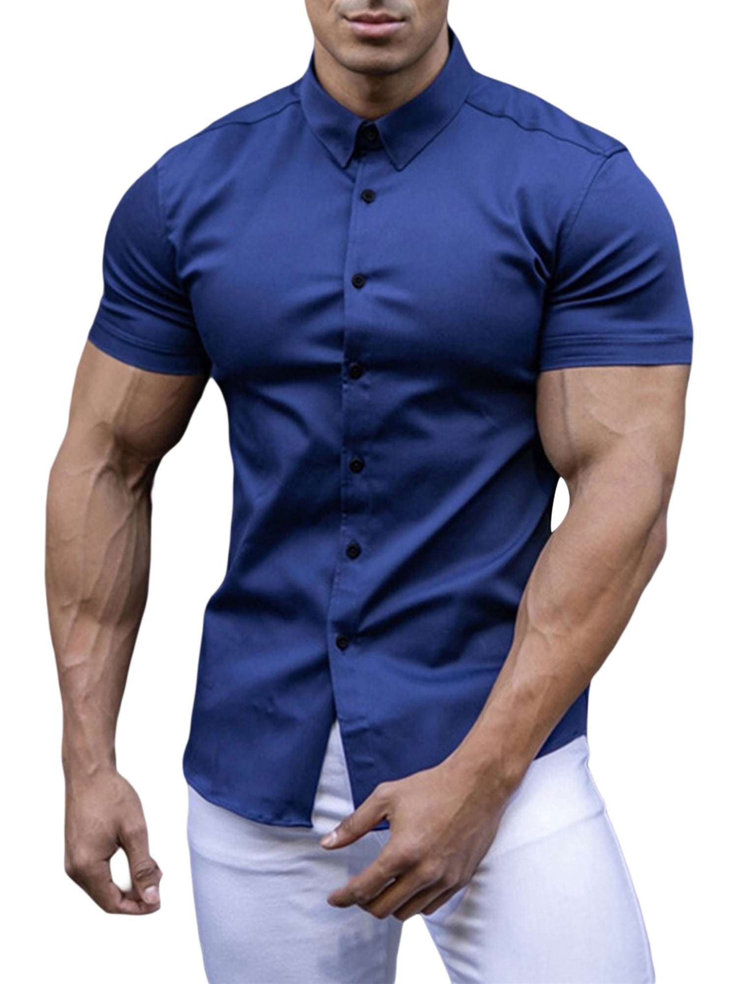 Coduop Mens Muscle Dress Shirts Slim Fit Solid Color Short Sleeve ...