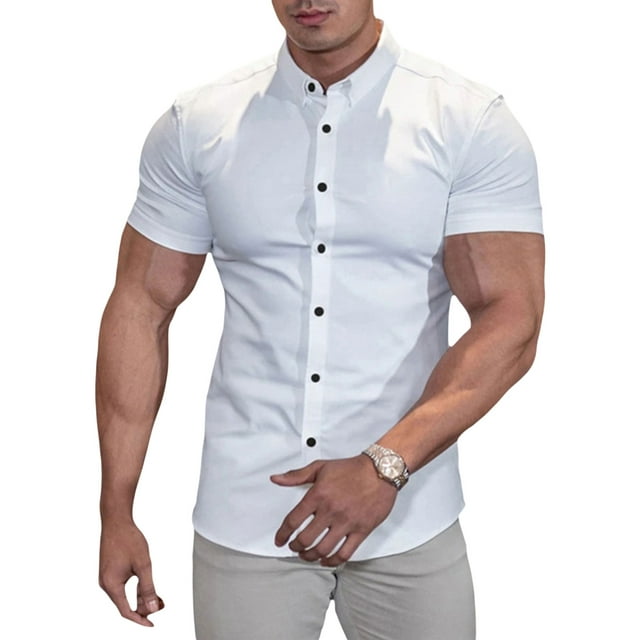 Coduop Mens Muscle Dress Shirts Slim Fit Solid Color Short Sleeve Casual Button Down Shirt ...