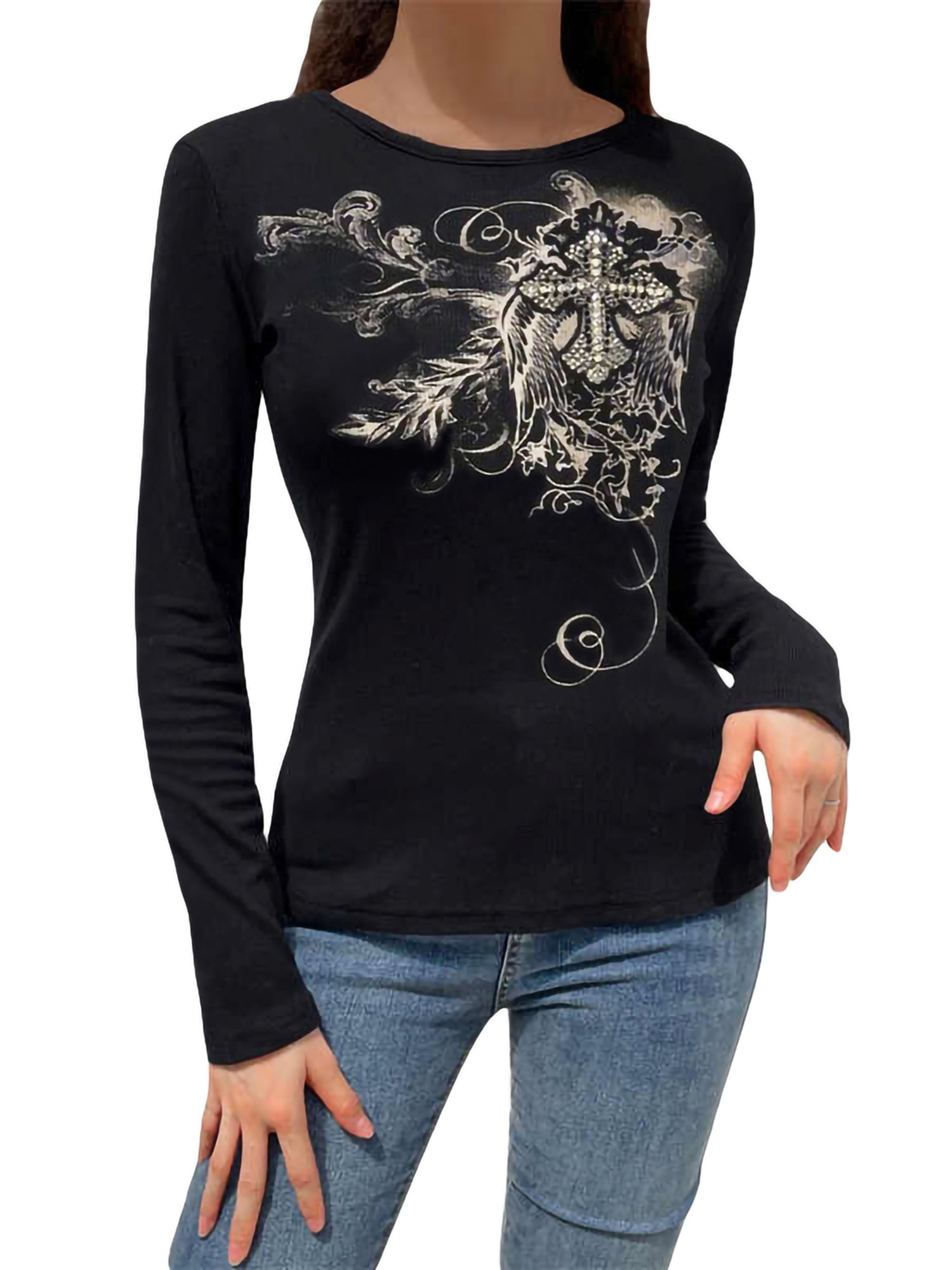 Coduop Women Basic Shirt Autumn Casual Vintage Print Long Sleeve Round ...
