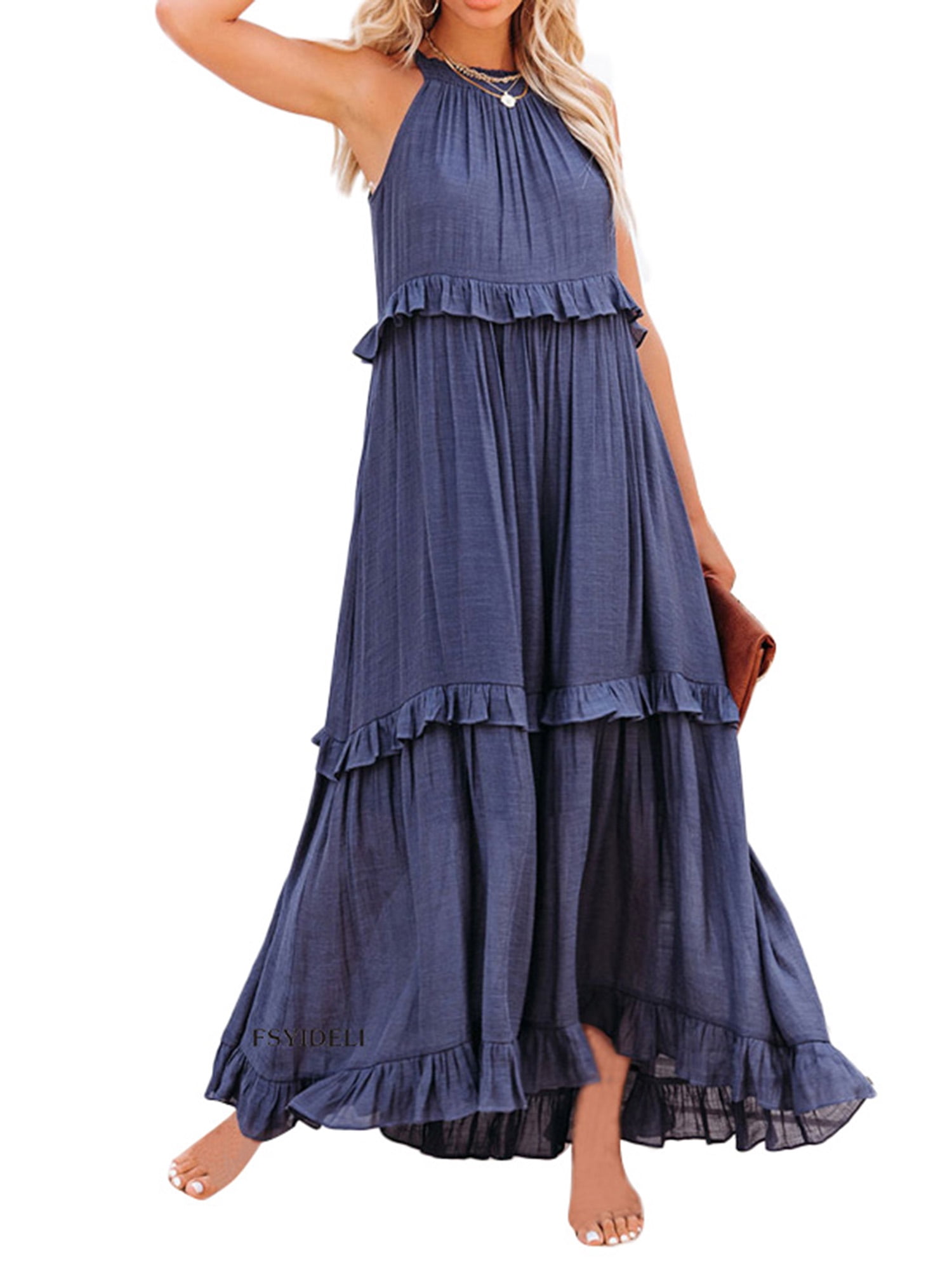 Coduop Women Boho Sleeveless Tiered Maxi Dress Smocked Layered Vacation ...