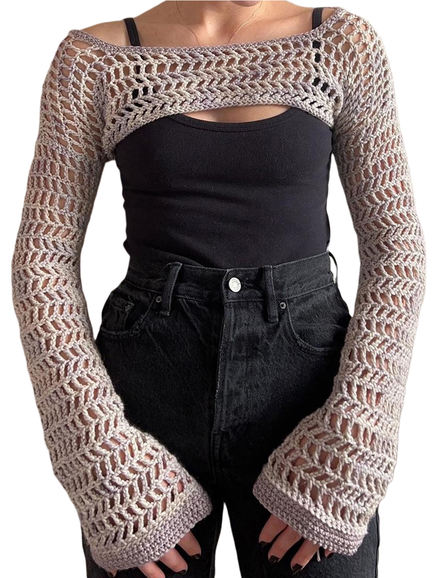 Coduop Women Crochet Crop Top Long Sleeve Hollow Out Beach See Through ...