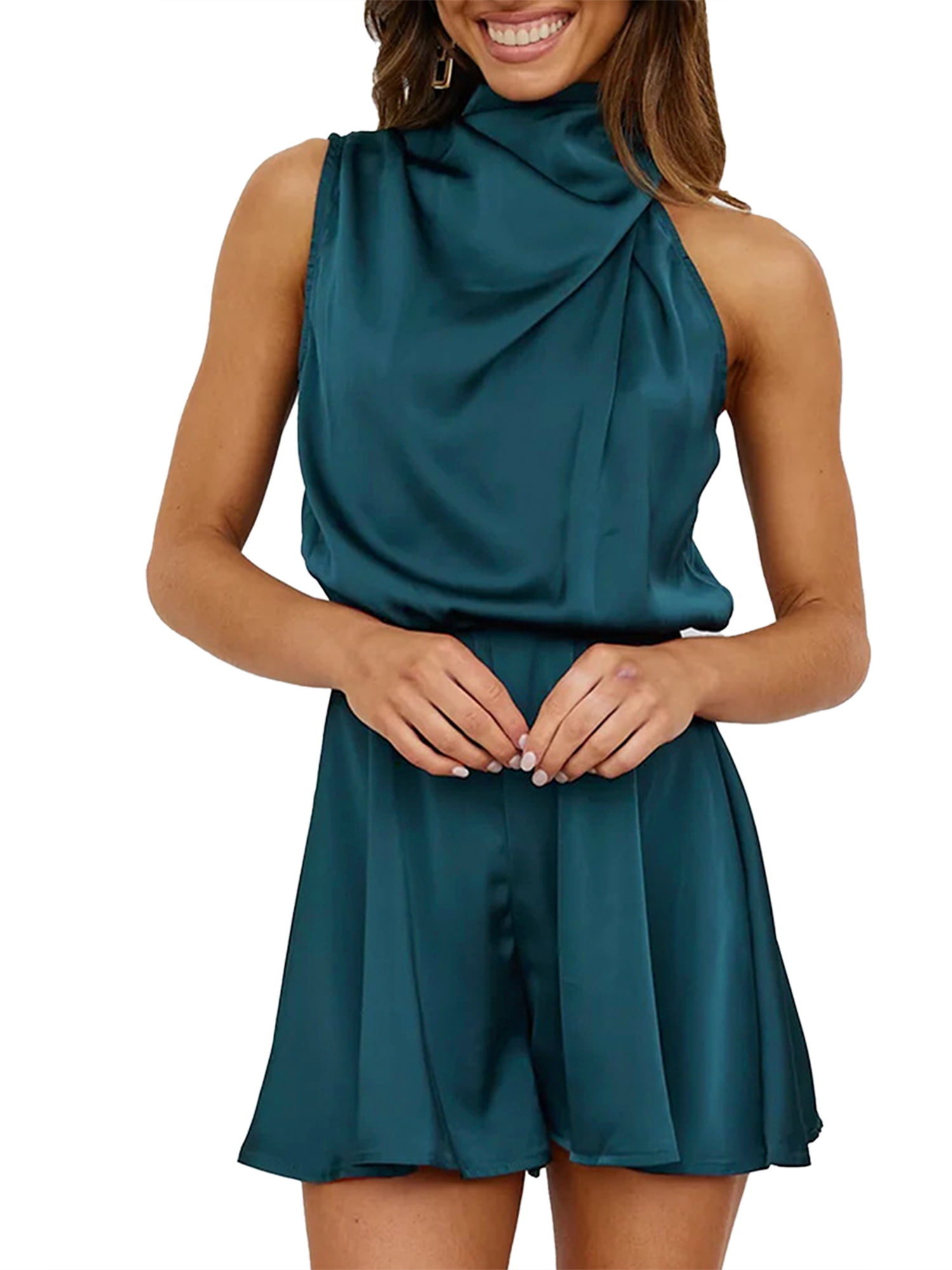 Coduop Women Satin Sleeveless Mock Neck Jumpsuit Wide Leg Casual One ...