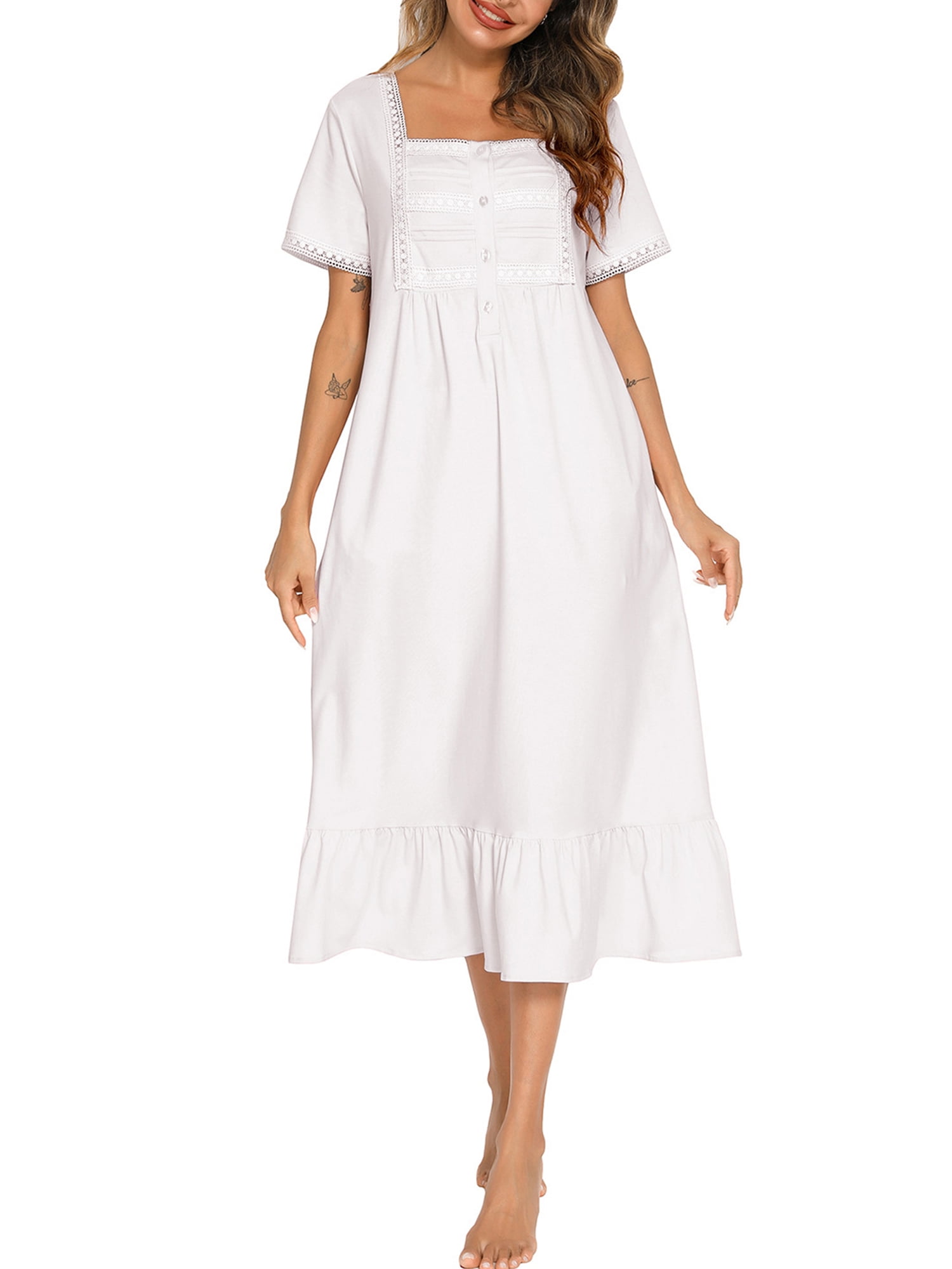 Coduop Women Short Sleeve Nightgowns Night Dress Ruffled Hem Lace Trim ...