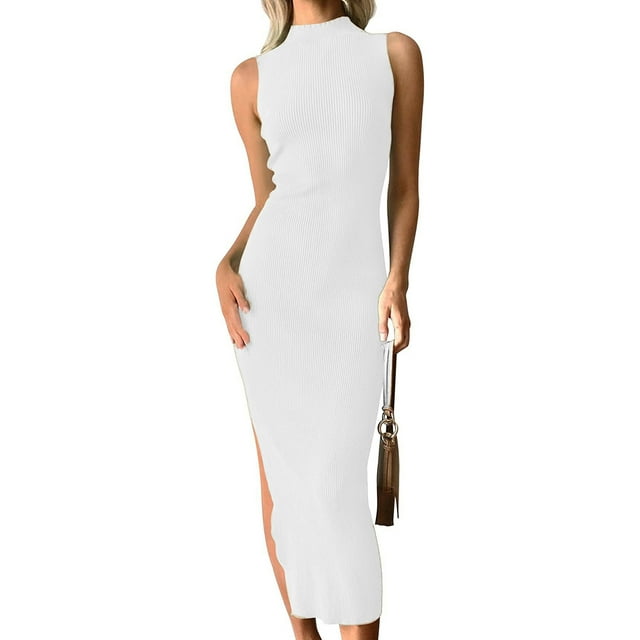 Coduop Women Sleeveless Mock Neck Long Bodycon Tank Dress Rib Knit ...