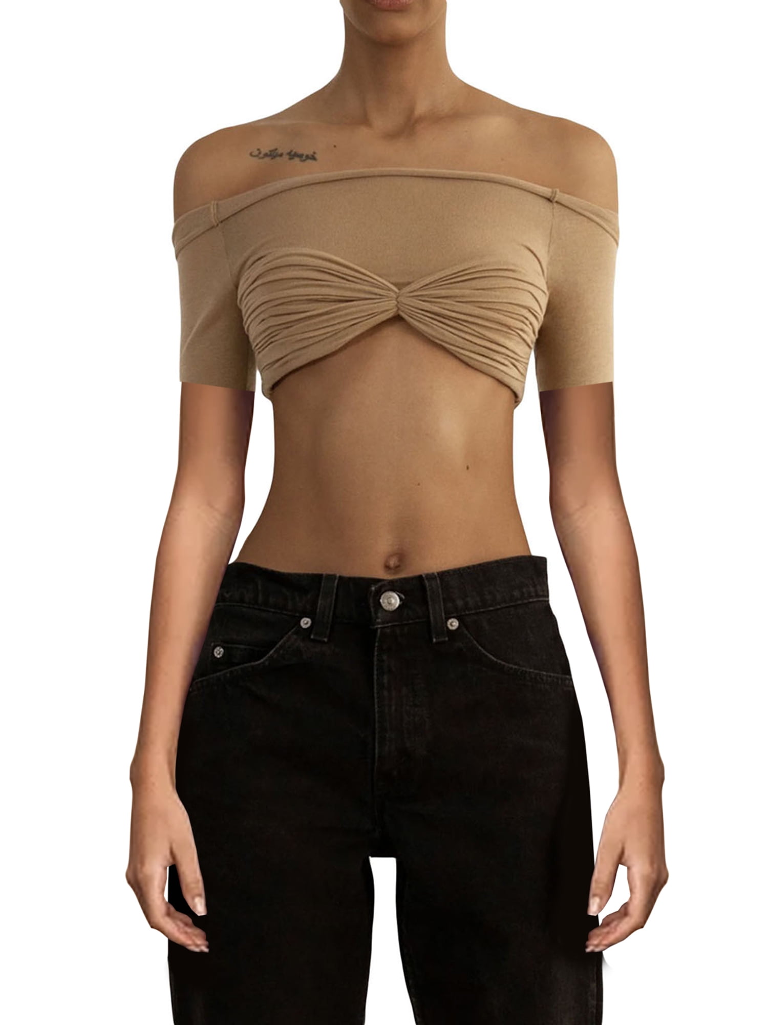 Coduop Women Twist Knot Front Knit Bandeau Tube Top Sleeveless Off