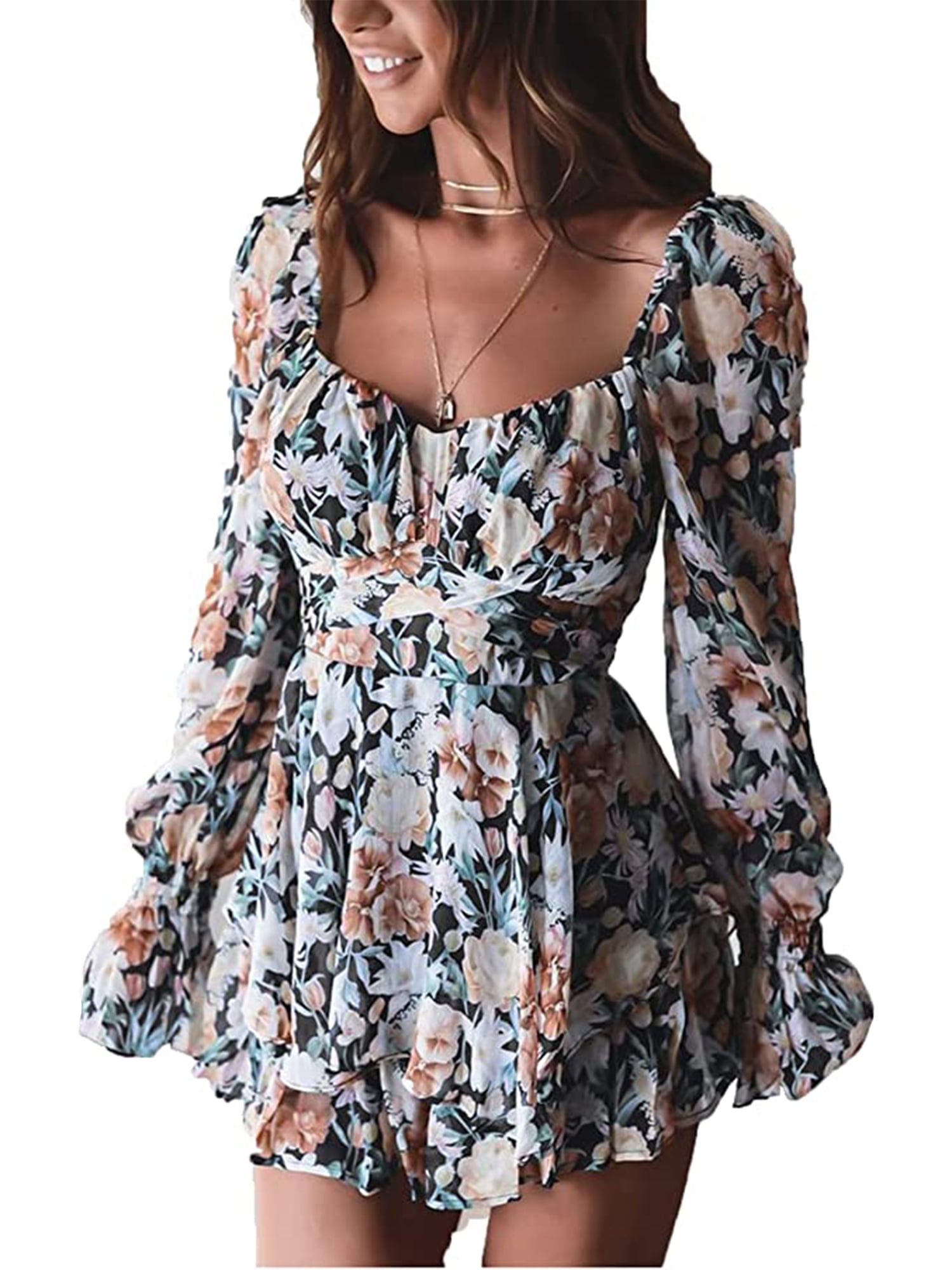 Coduop Women’s Sexy Square Collar Backless Jumpsuit Flower Bandage High ...