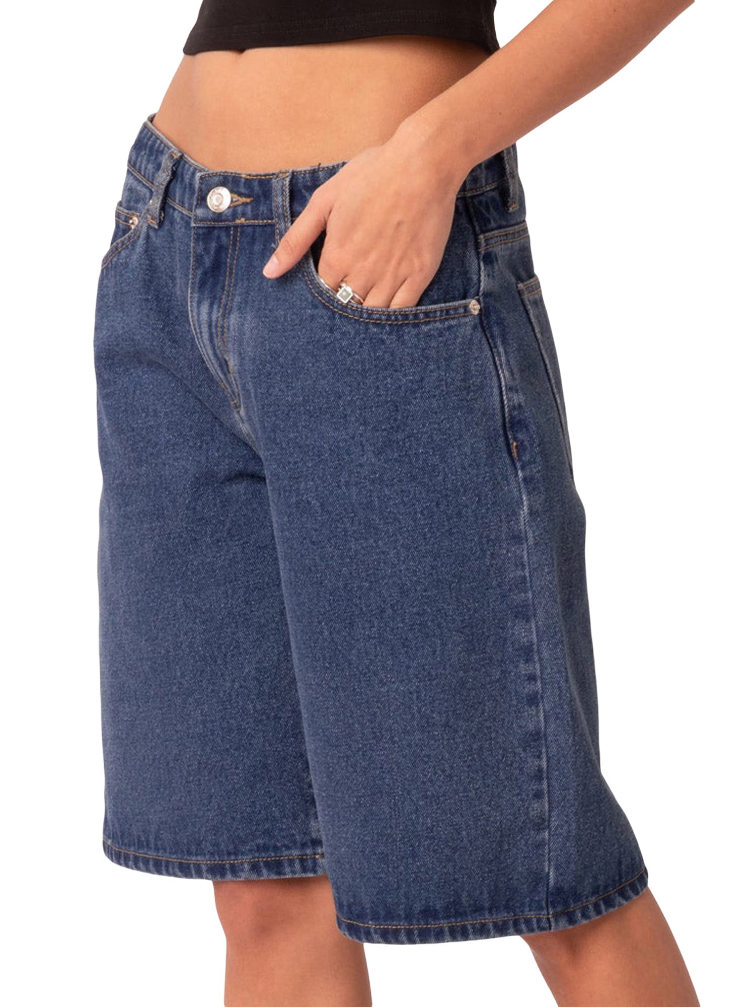 Coduop Womens Knee Length Denim Shorts Solid Color High Waist Loose Fit ...