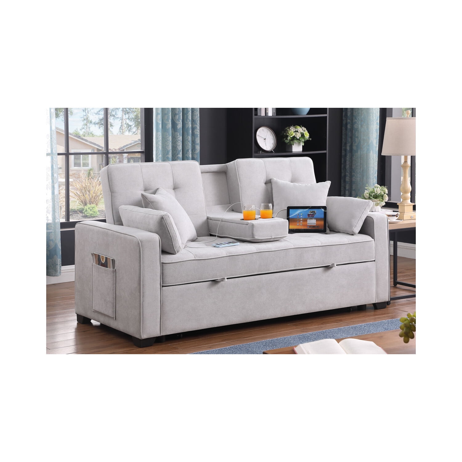 Cody II 69.5"W Light Gray Sleeper Loveseat Cup Holder USB & Pocket Coil ...