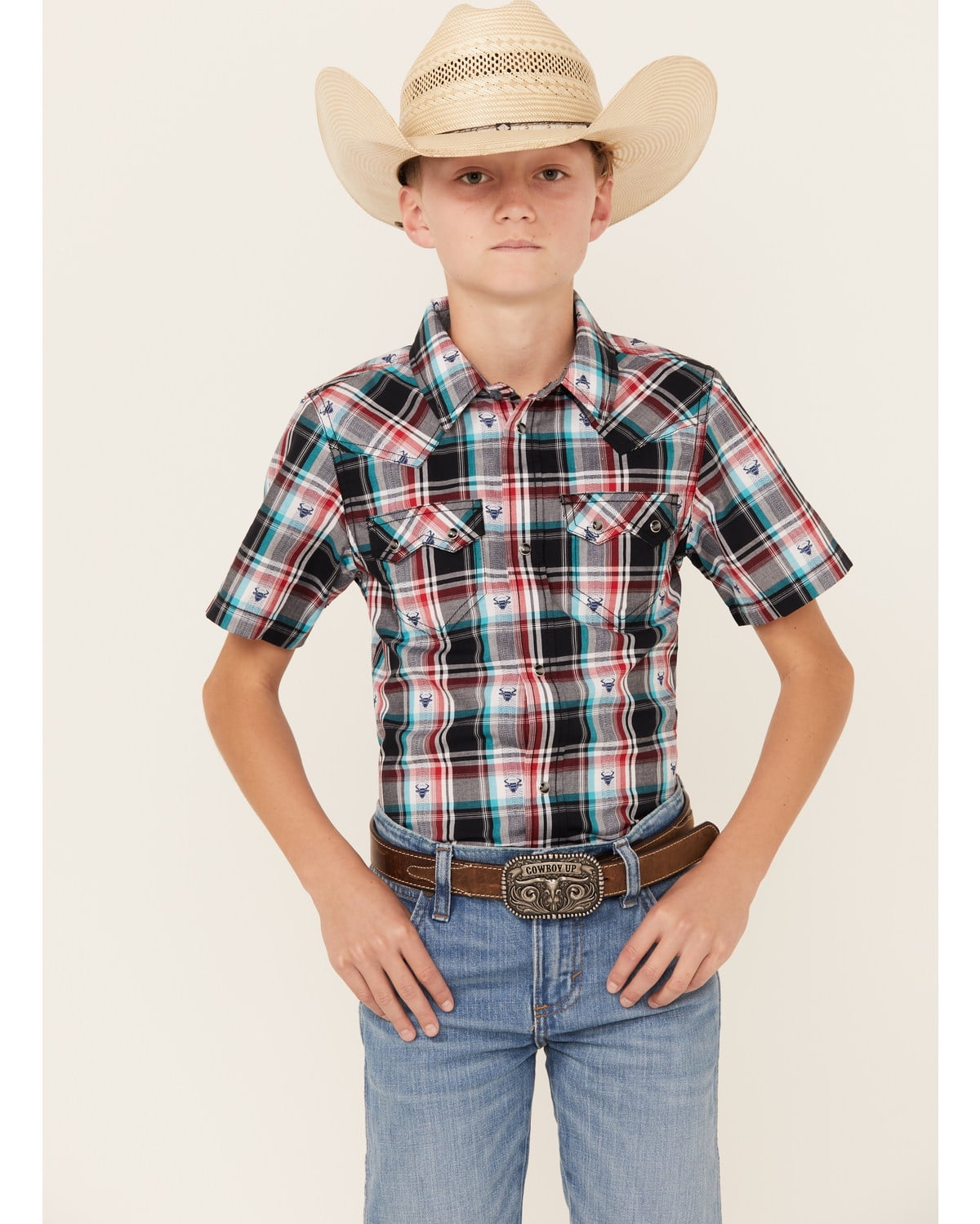 Cody James Boys' Steerhead Plaid Print Short Sleeve Snap Western Shirt - CBSU24W60-NVY Medium US ...