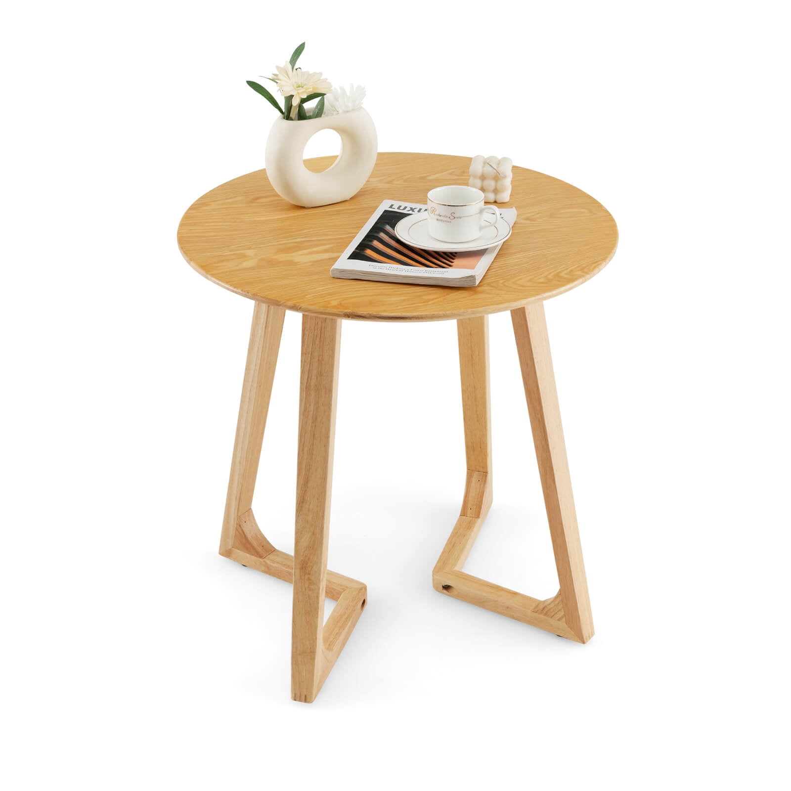 Coelon 24" Round Coffee Table, Solid Wood End Table with V-shaped Legs ...
