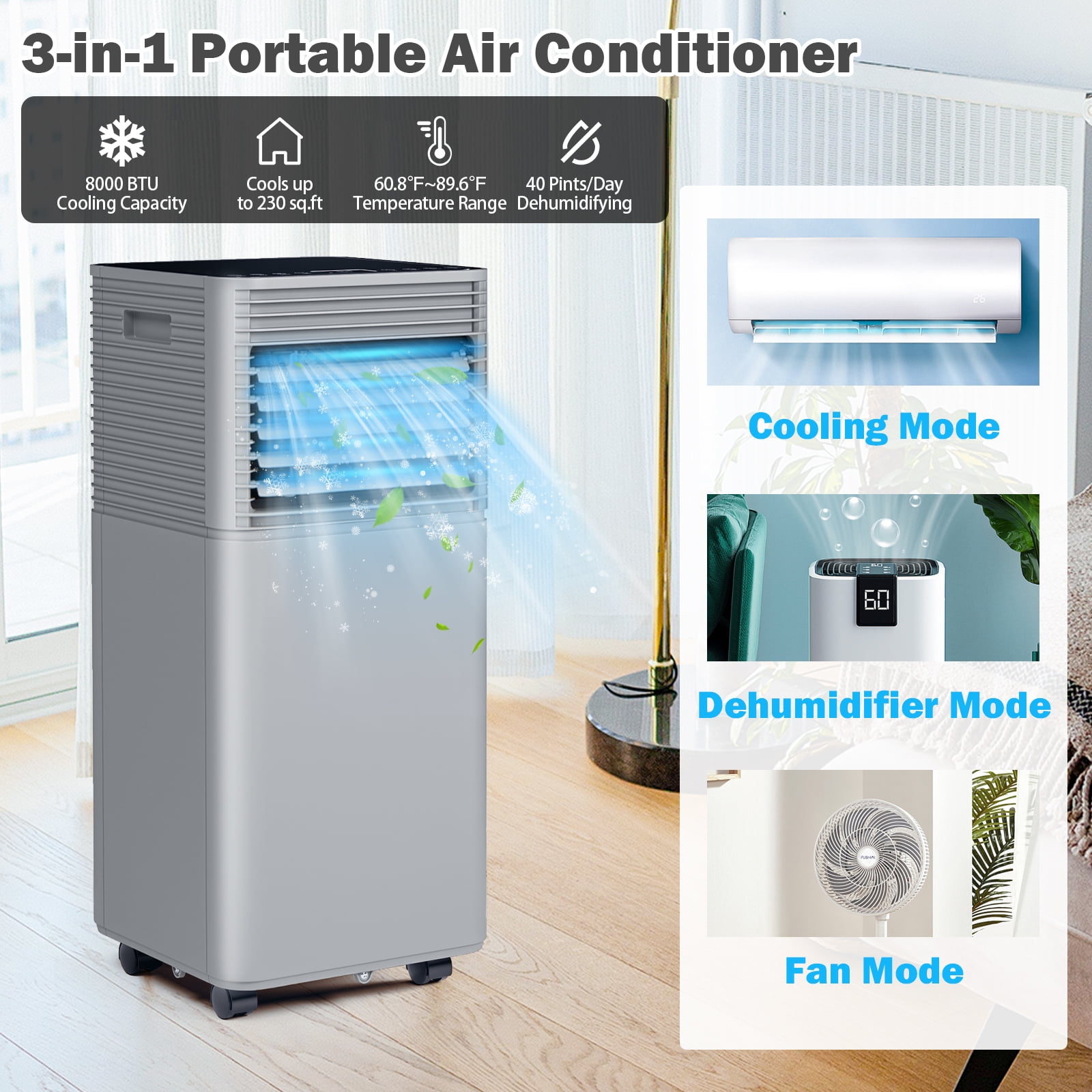 Coelon 8000 BTU Portable Air Conditioner, 3-in-1 Air Cooler w/ Dehumidifier & Fan Mode Gray ...