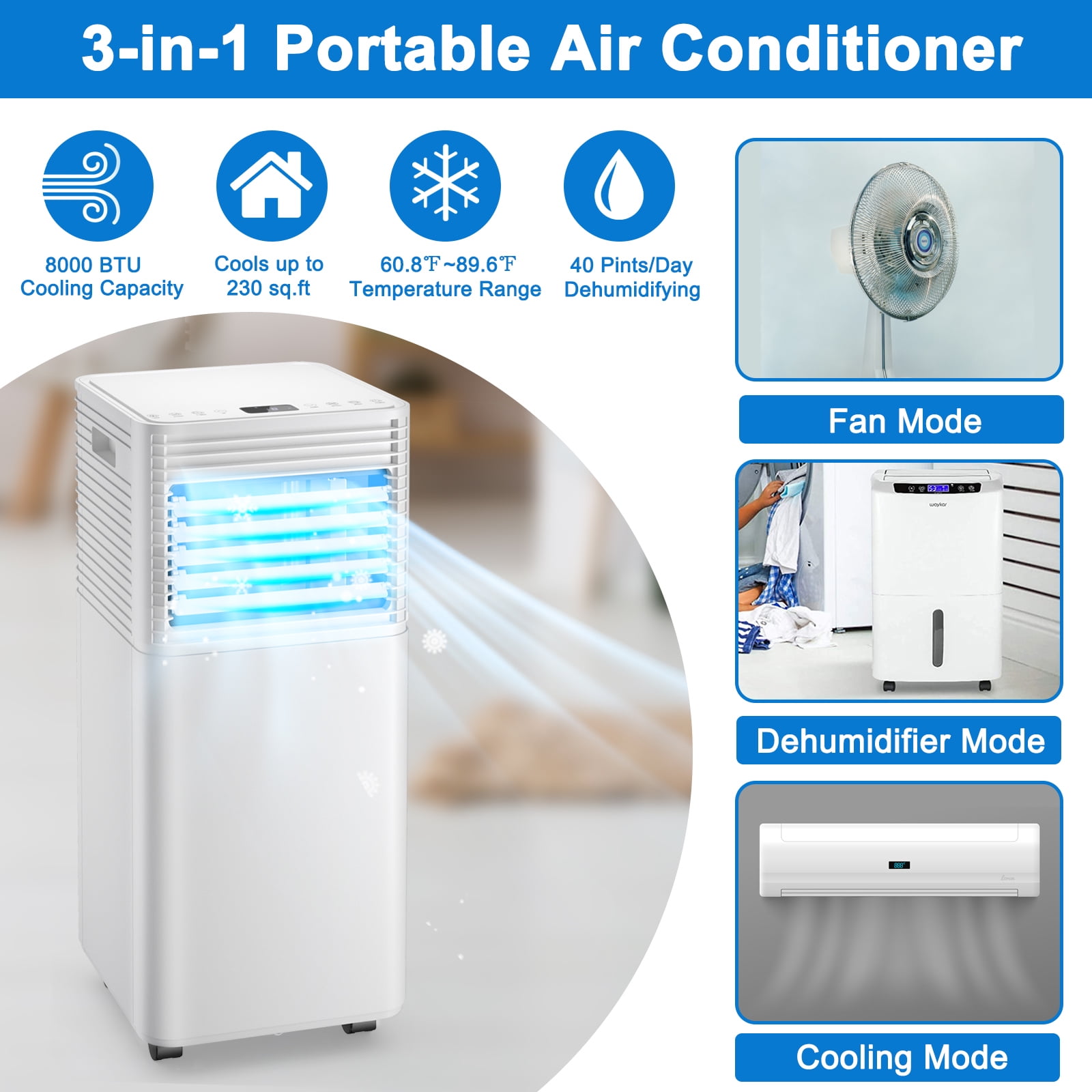 Coelon 8000 BTU Portable Air Conditioner, 3-in-1 Air Cooler w/ Dehumidifier & Fan Mode White ...