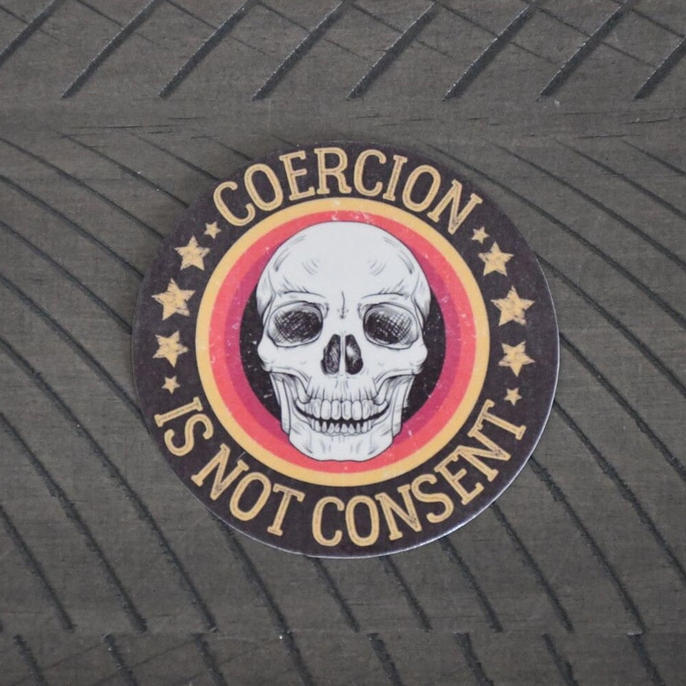 Coercion Is Not Consent Sticker, Retro Sunset Skull Sticker, Strong ...