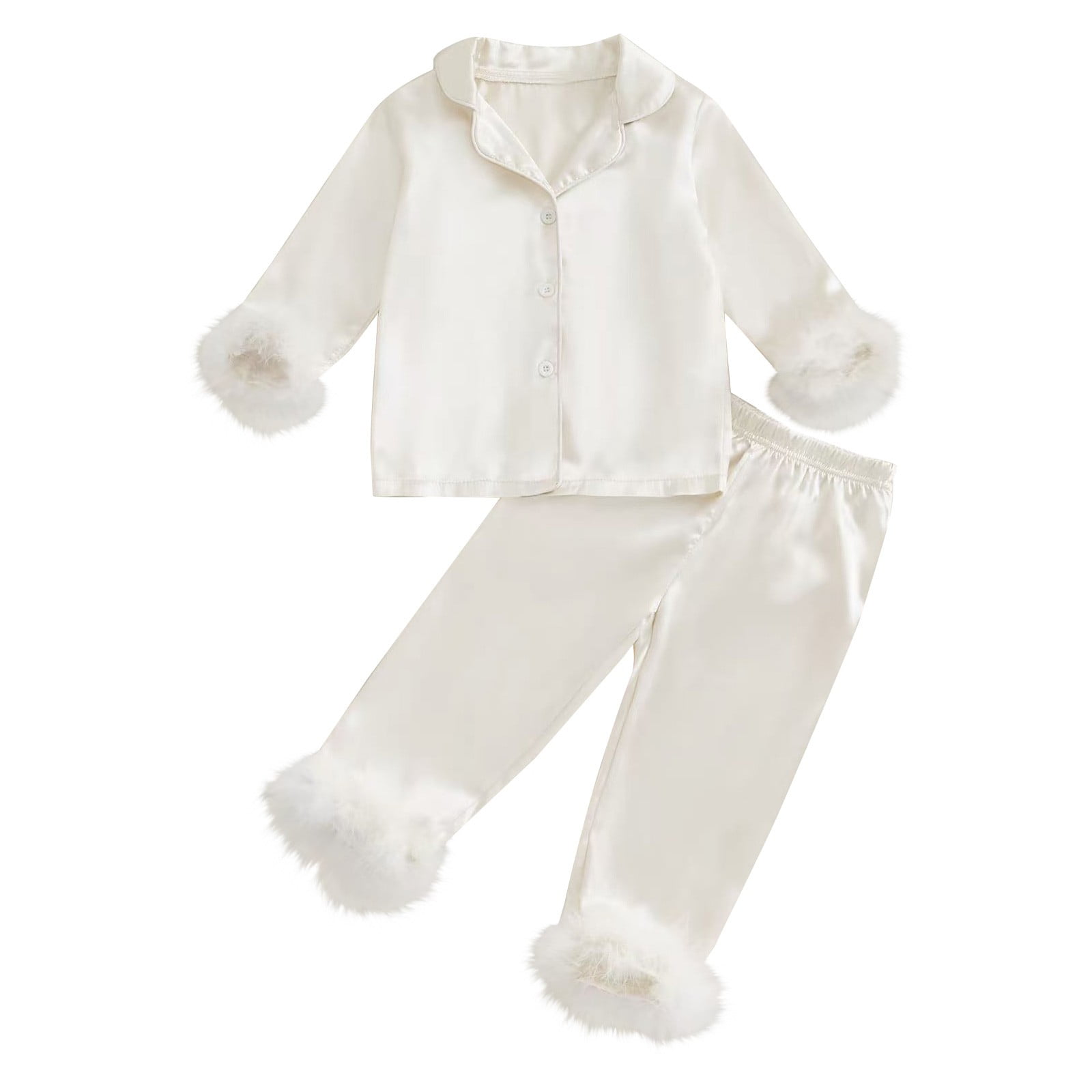 Coerni Baby Christmas Pajamas Girls Satin Pajamas Set Feather Fur Trim ...