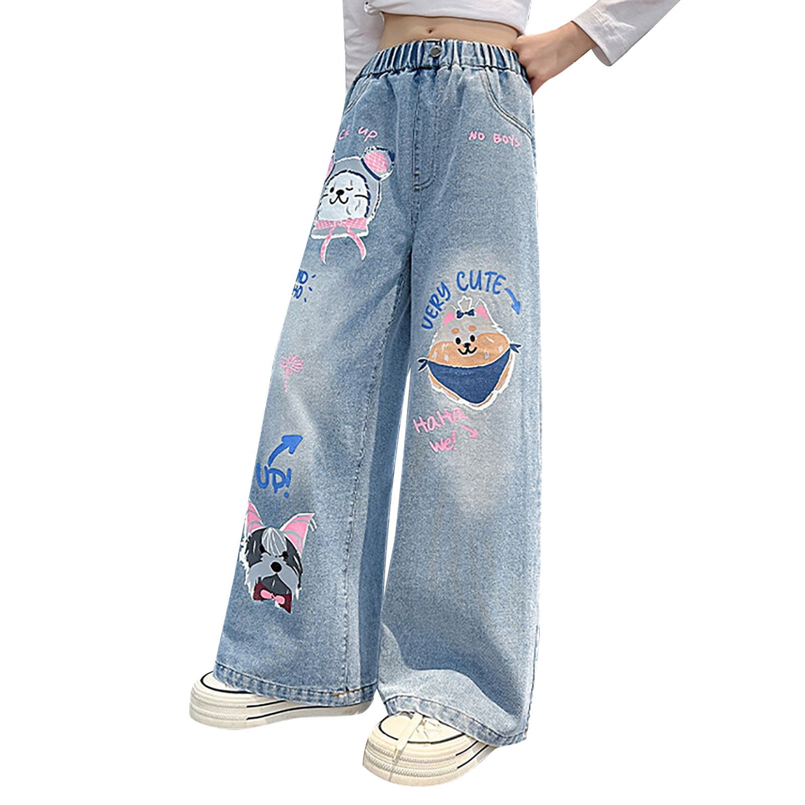 Coerni Girl's Baggy Jeans Cartoon Print Jeans Wide Leg Y2k Cute Denim ...