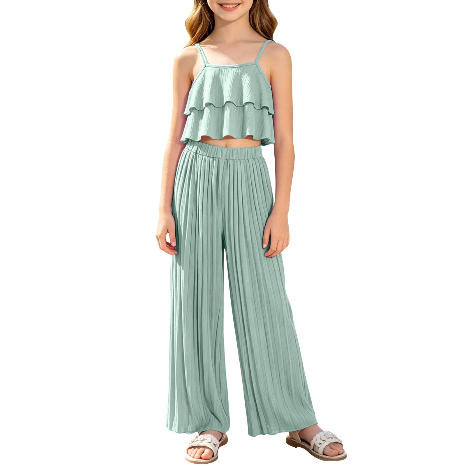 Coerni Girls 2 Piece Sets Layered Ruffle Cami Spaghetti Strap Crop Tops ...